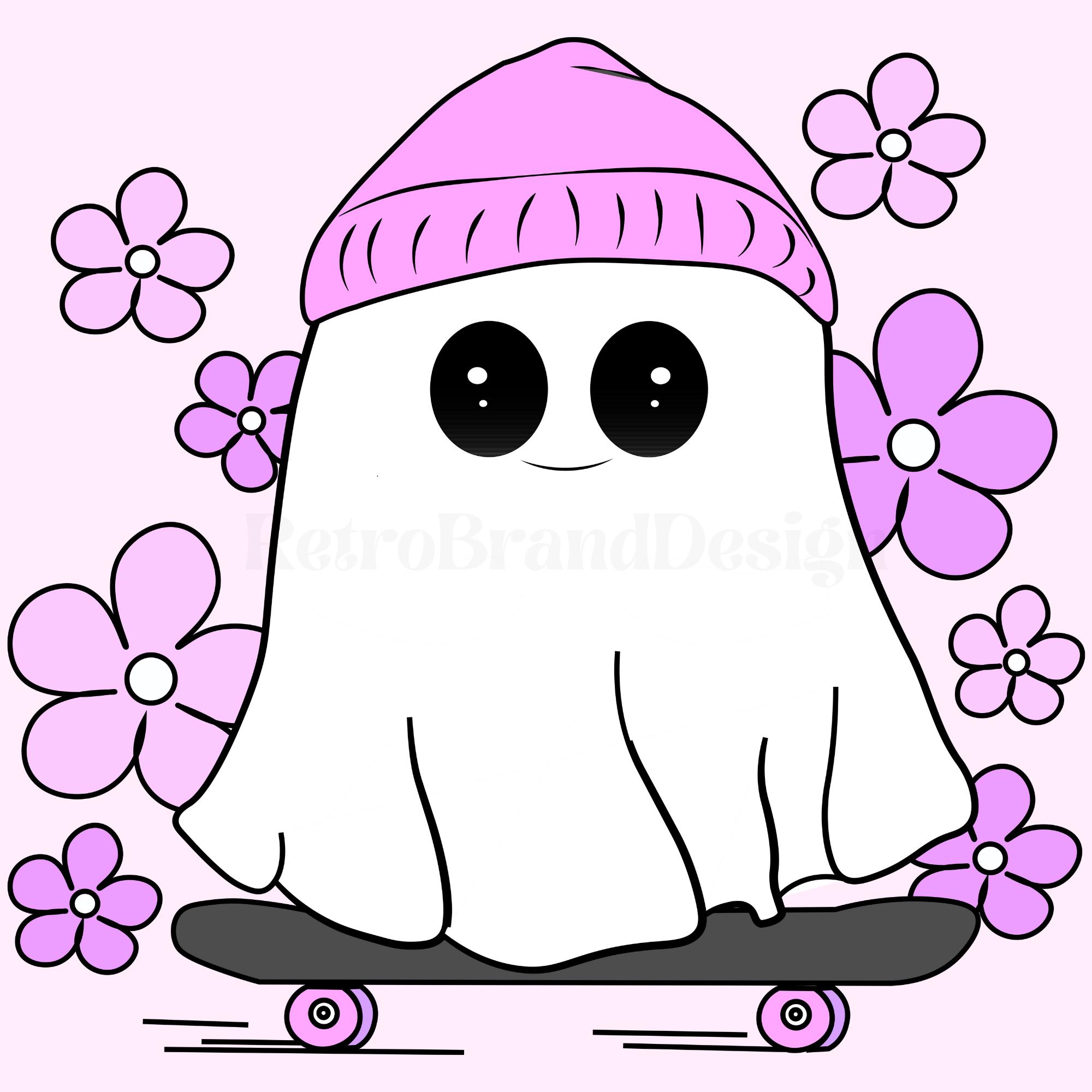 Cutesy Ghost PNG Instant Download, Floral Ghost on Skateboard PNG ...