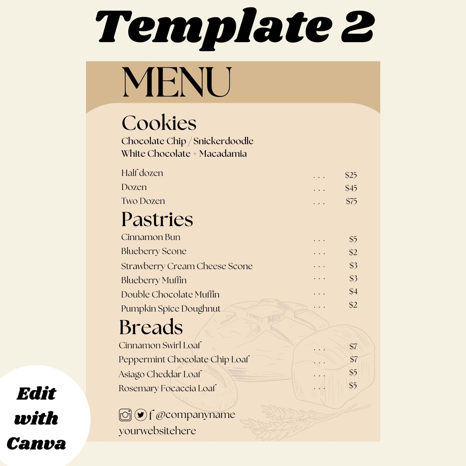 Menu Templates, Sourdough Bread Price List Template, Editable Download ...