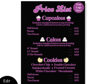 Editable Bakery Price List Template! - Etsy