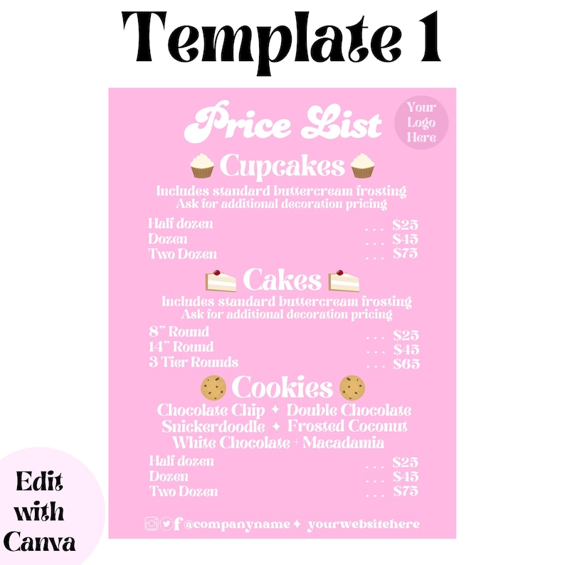 Price List Template, Pop up Bakery Menu Template, Cottage Food Menu ...