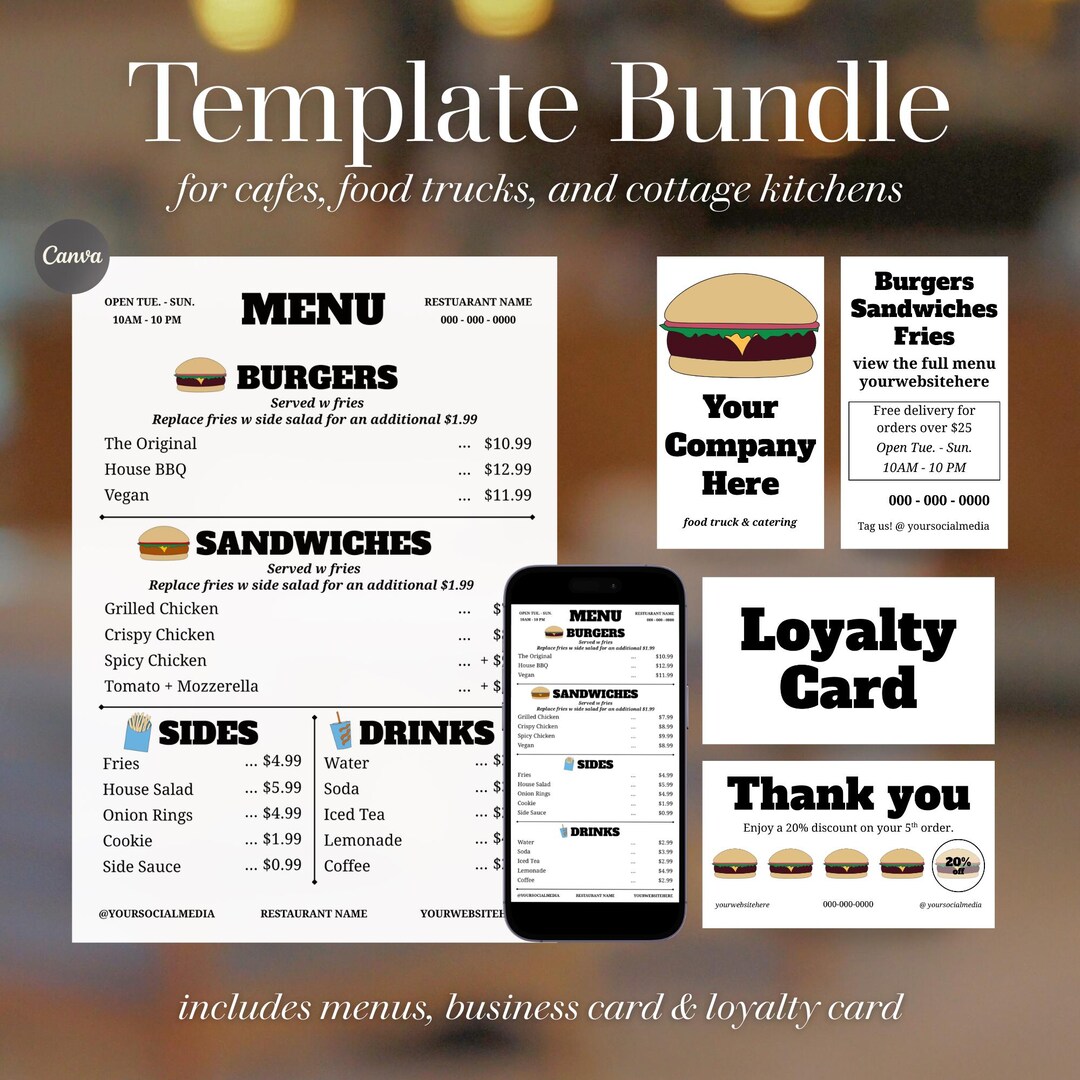 Restaurant Bundle: Editable Menu Template, Business & Loyalty Card ...