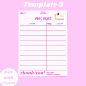 Kawaii Bakery Receipt Digital Paper, Receipt Canva Templates for Baking ...