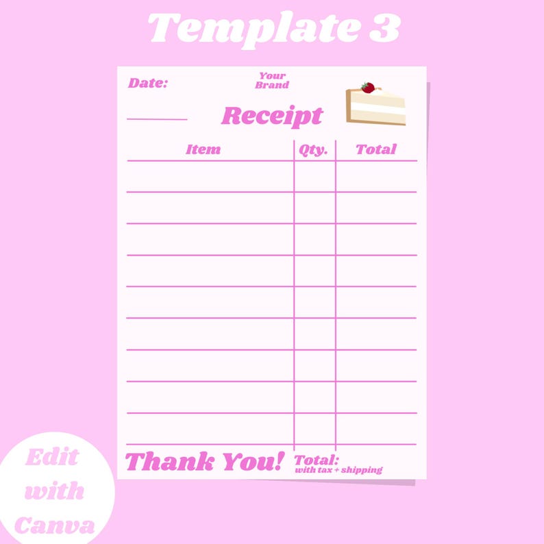 Kawaii Bakery Receipt Digital Paper, Receipt Canva Templates for Baking ...