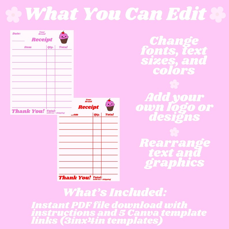 Kawaii Bakery Receipt Digital Paper, Receipt Canva Templates for Baking ...