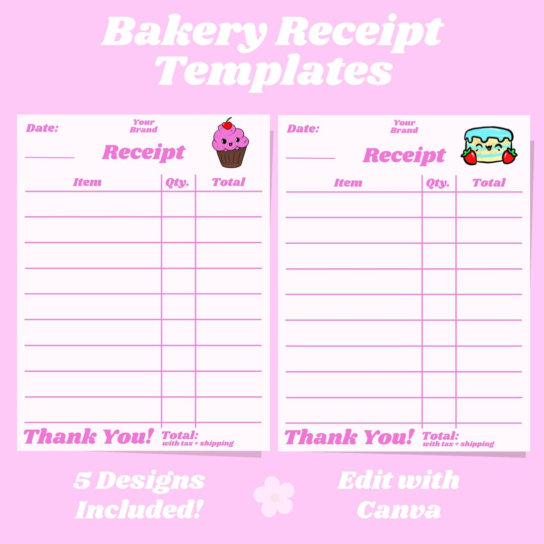 Kawaii Bakery Receipt Digital Paper, Receipt Canva Templates for Baking ...