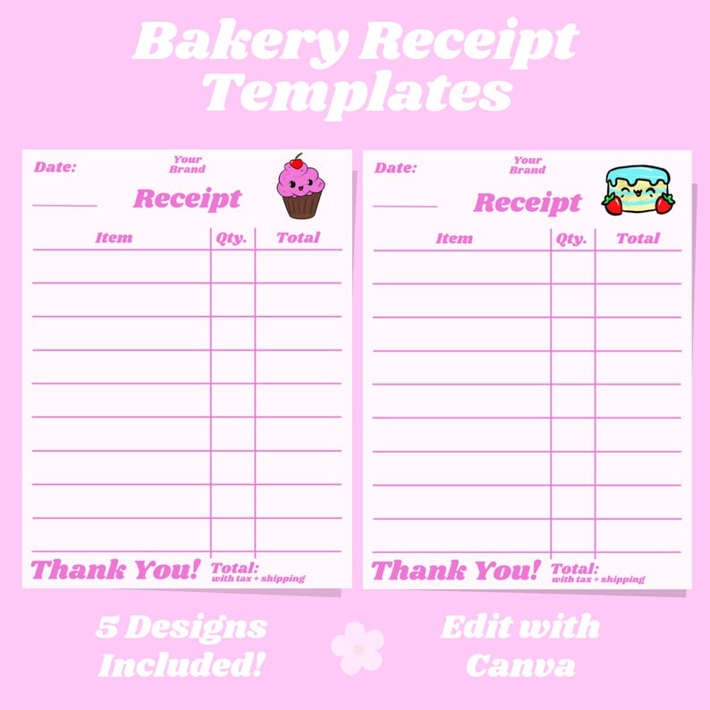 Kawaii Bakery Receipt Digital Paper, Receipt Canva Templates for Baking ...