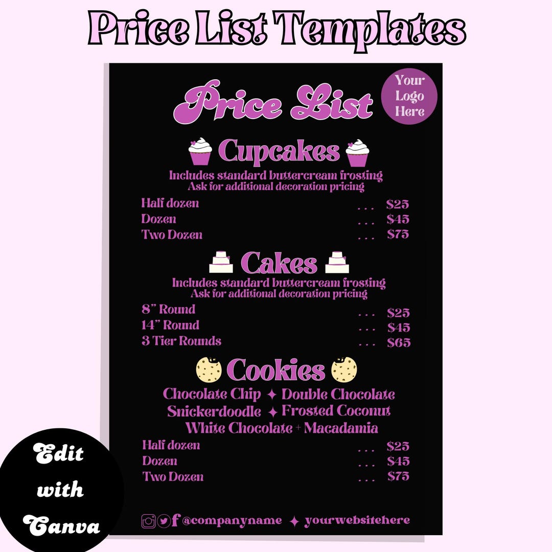 Bakery Price List Template Editable Menu Templates Printable Baking ...