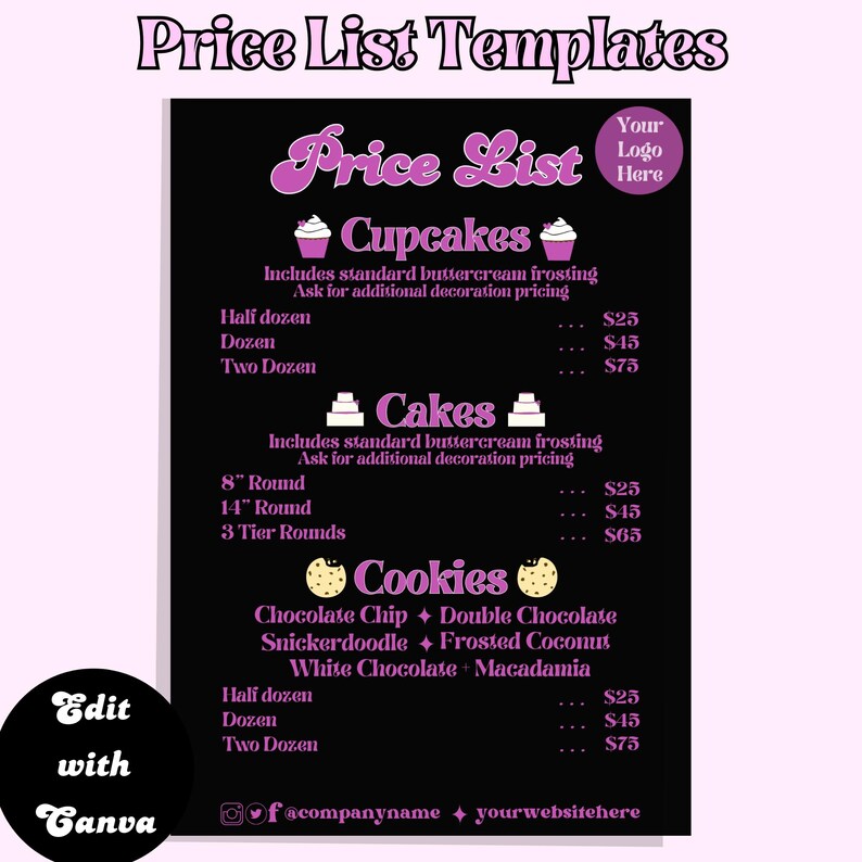 Bakery Price List Template Editable Menu Templates Printable Baking ...