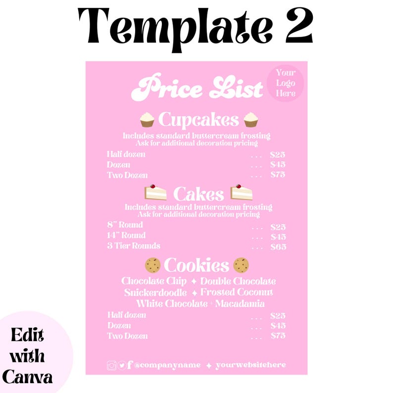 Price List Template, Pop up Bakery Menu Template, Cottage Food Menu ...