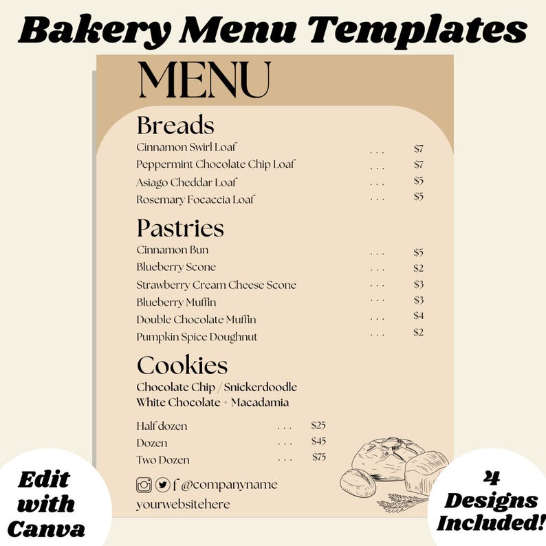 Menu Templates, Sourdough Bread Price List Template, Editable Download ...