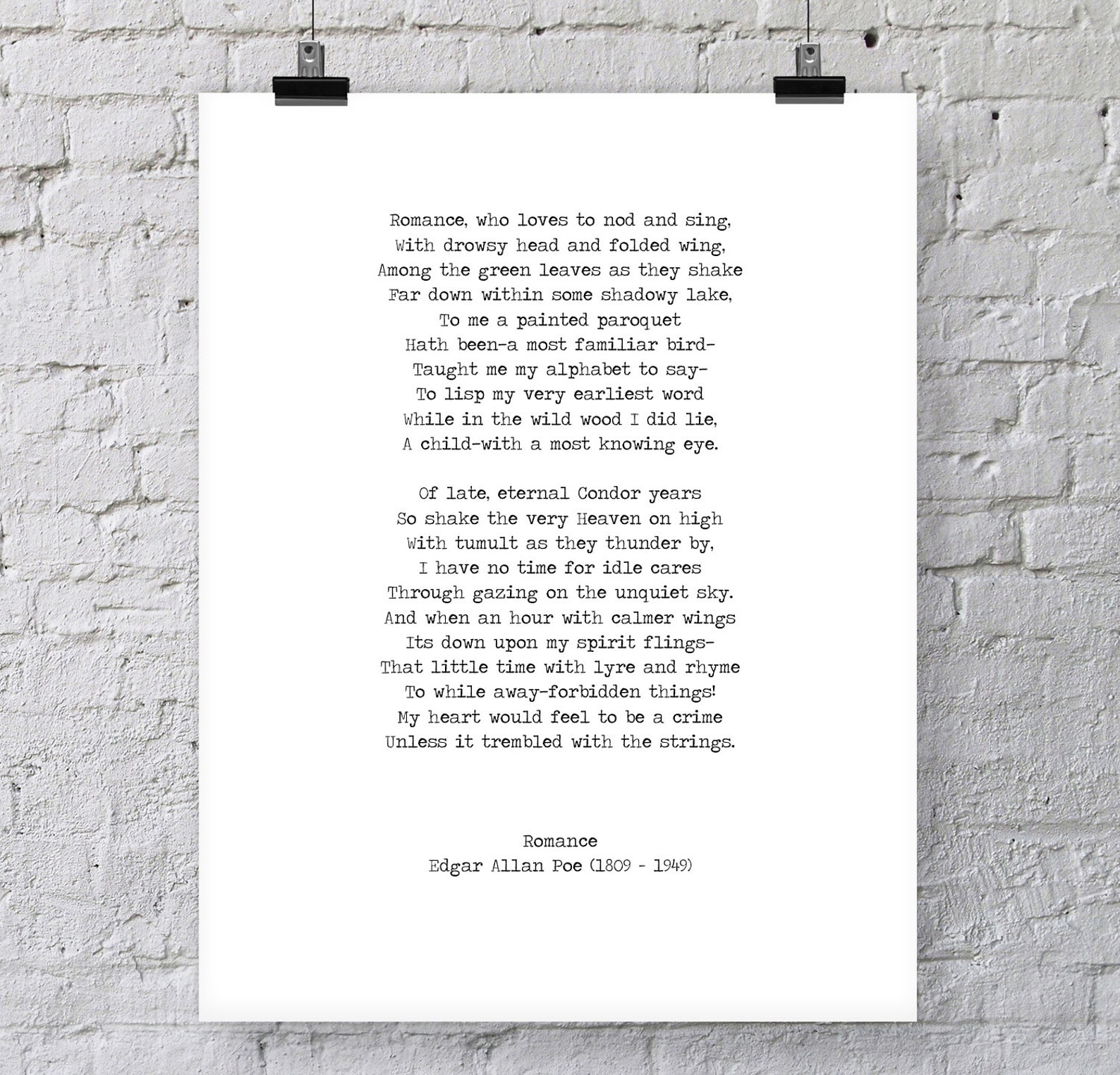 Edgar Allen Poe Printable Poem 'romance' Instant Download Literary Gift ...