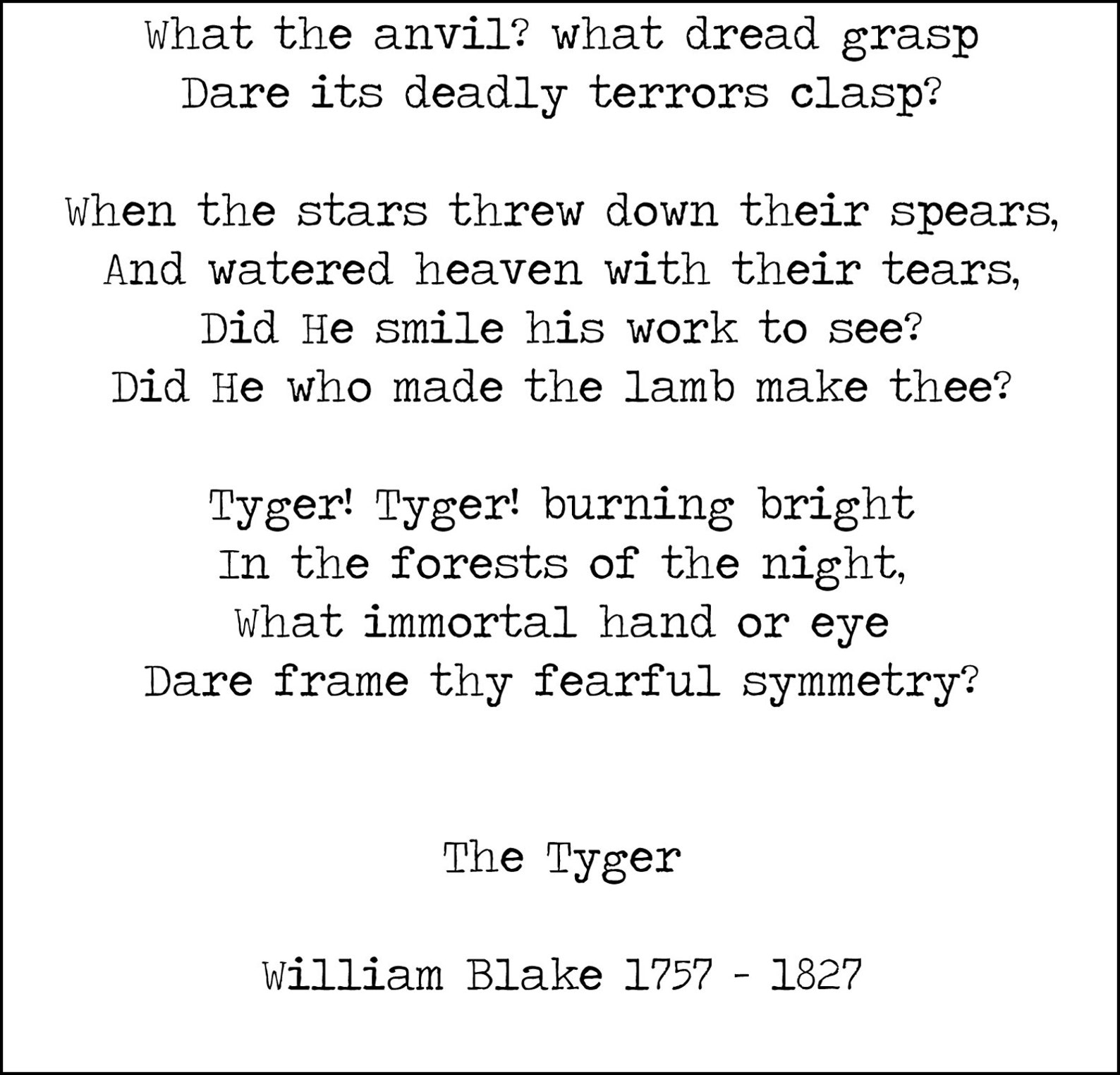 William Blake Hand Typed Printable Poetry 'tyger, Tyger' Instant ...
