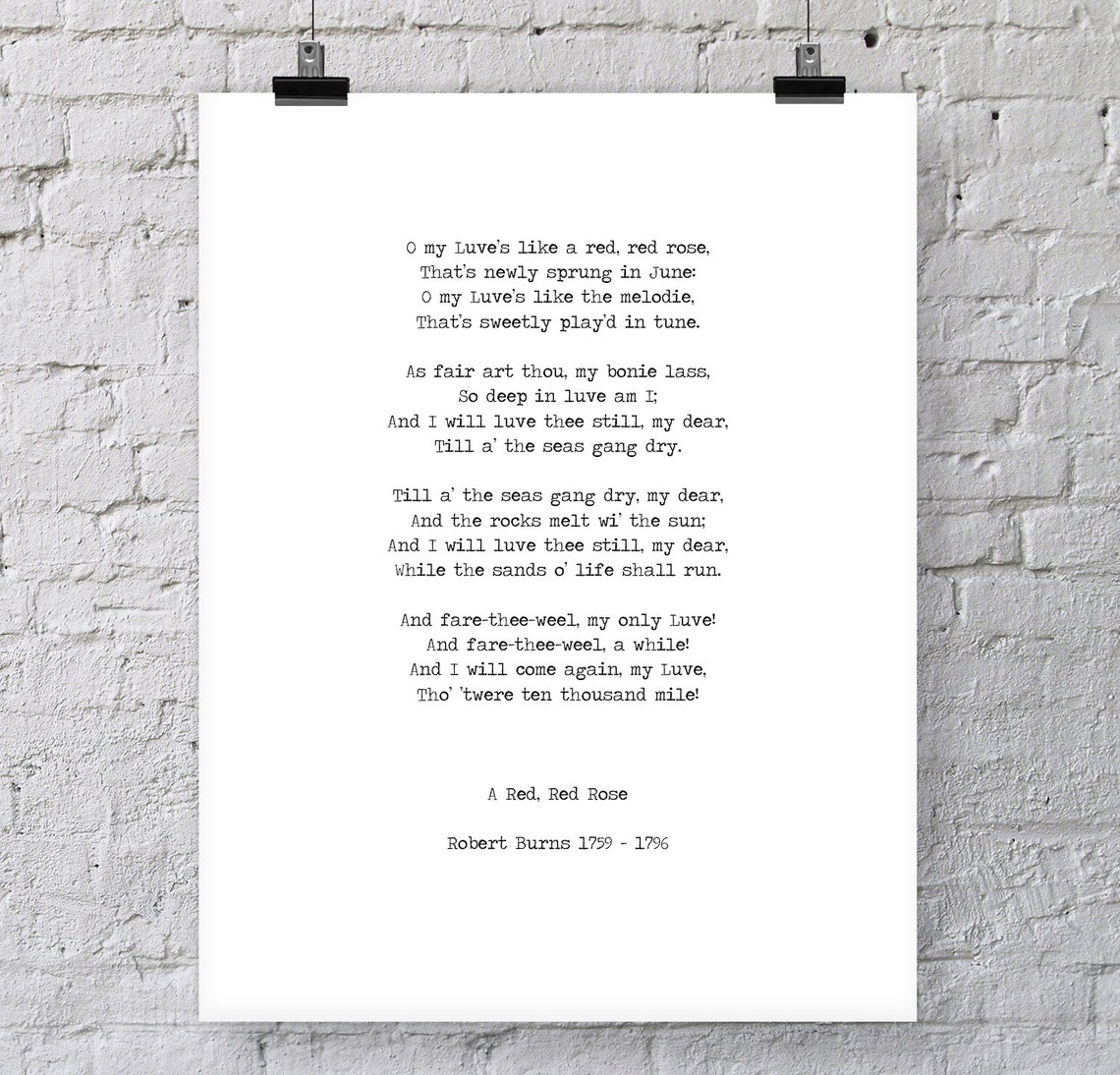 Robert Burns Printable Love Poem 'A Red, Red Rose' Romantic Poetry ...