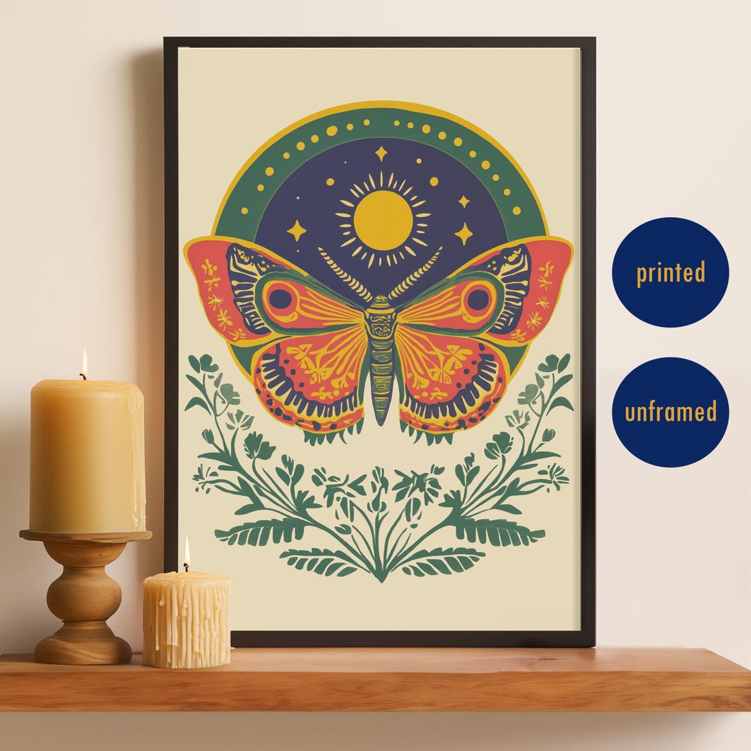 Mystical Moth Poster Butterfly Boho Print Colorful Insect Wall Art Gift ...