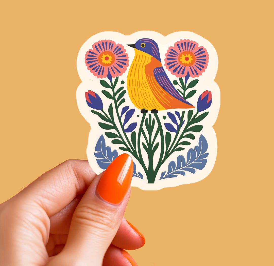 Folk Art Bird Vinyl Sticker, Colorful Cottagecore Decal - Etsy