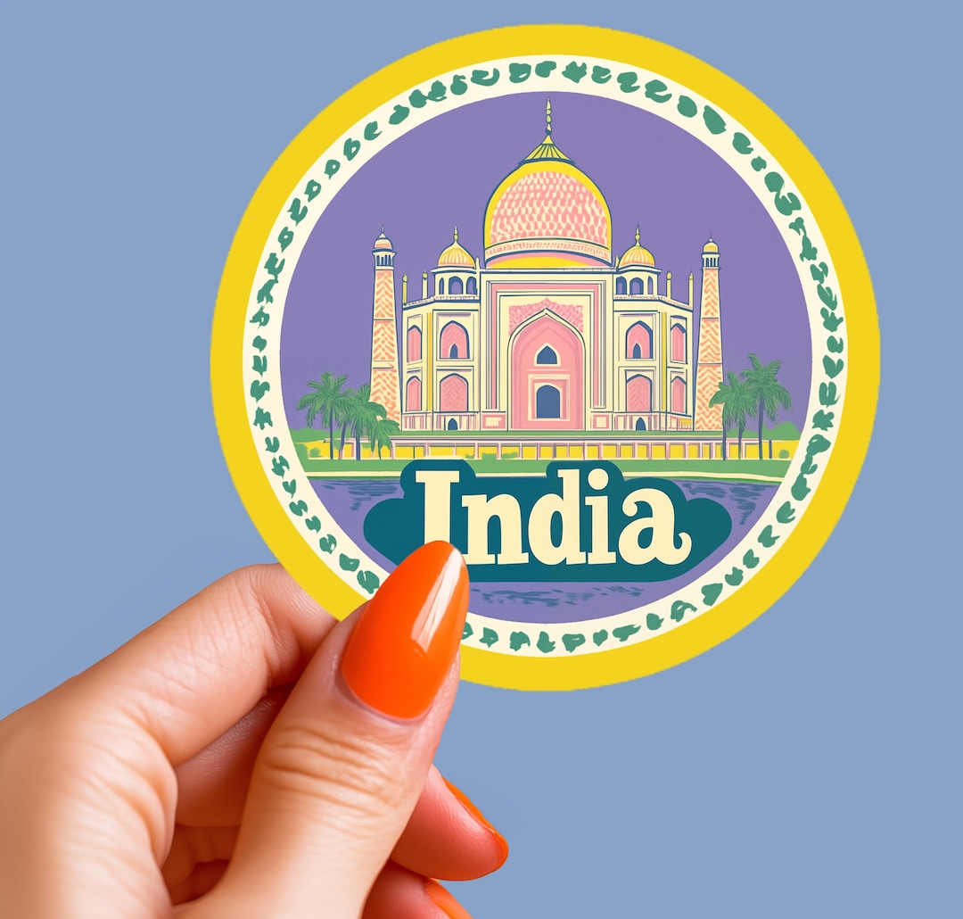 India Travel Sticker Colorful Round Luggage Decal Taj Mahal & Indian ...
