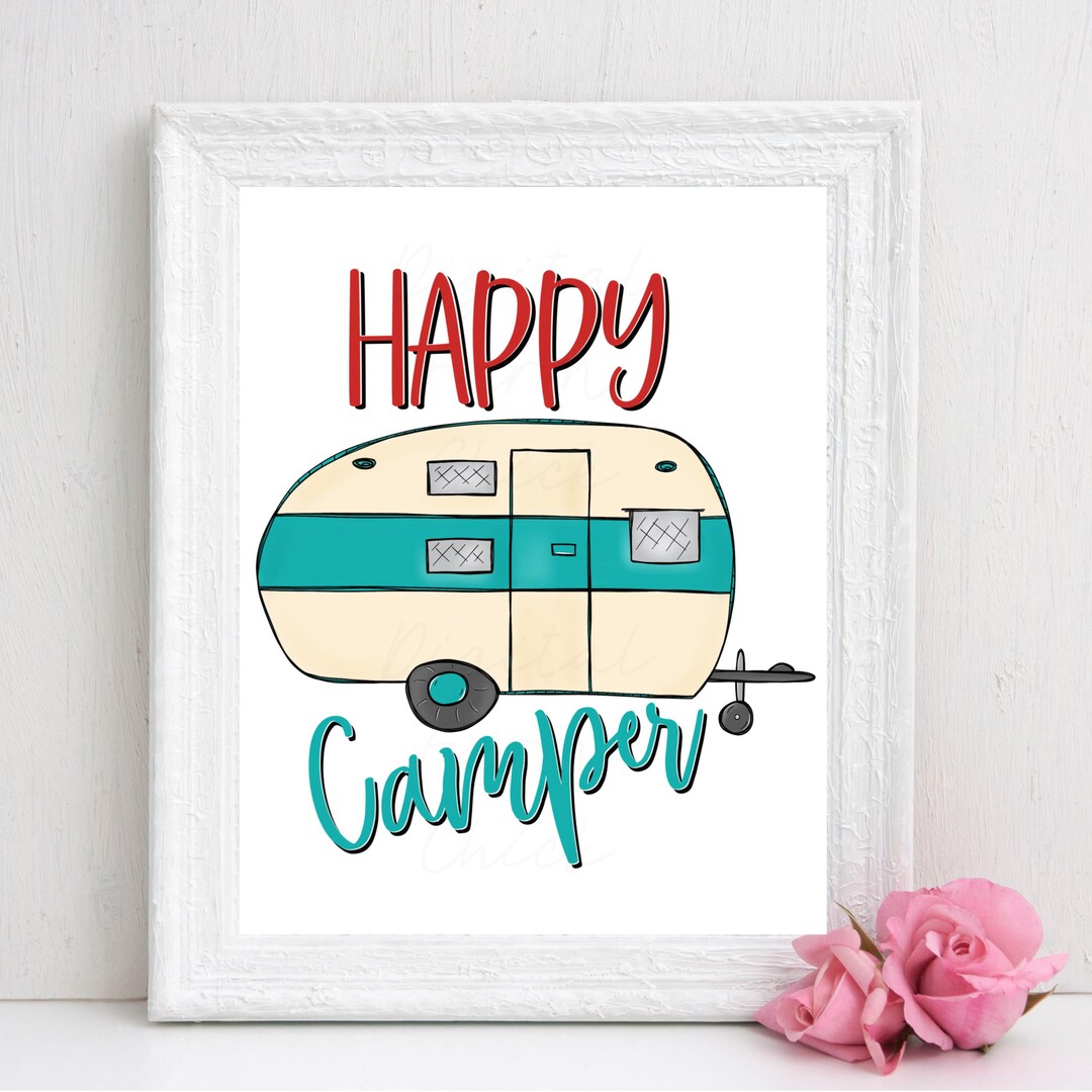 HAPPY CAMPER Printable Clipart, Digital Art, Vintage Camper Trailer ...