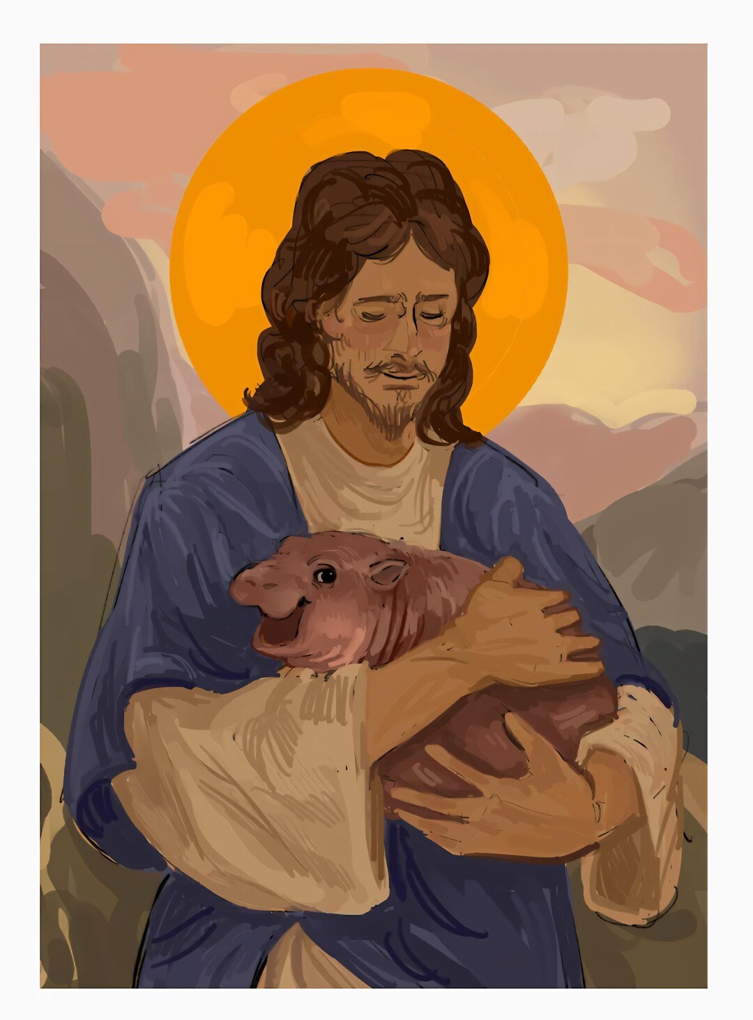 Jesus Holding Moo Deng the Hippo Joke, Moo Deng Png, Jesus With Moo ...
