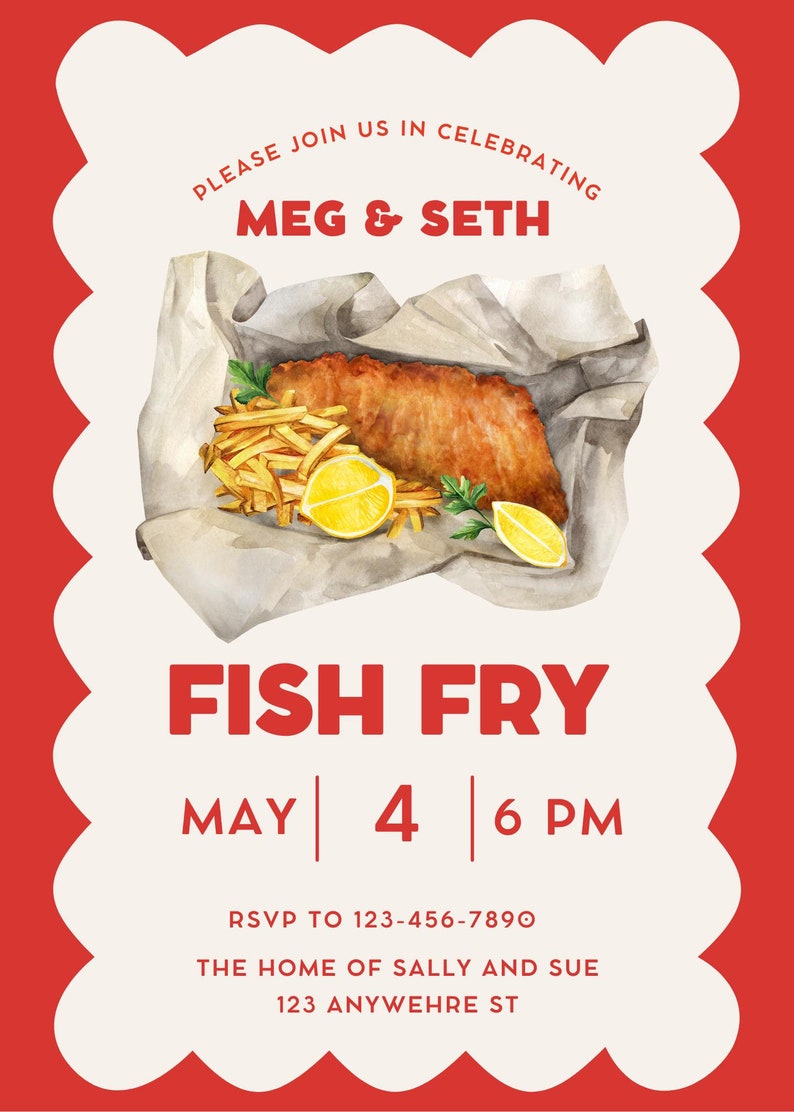 Fish Fry Invitation Red & Cream. Customizable Digital Download Template ...
