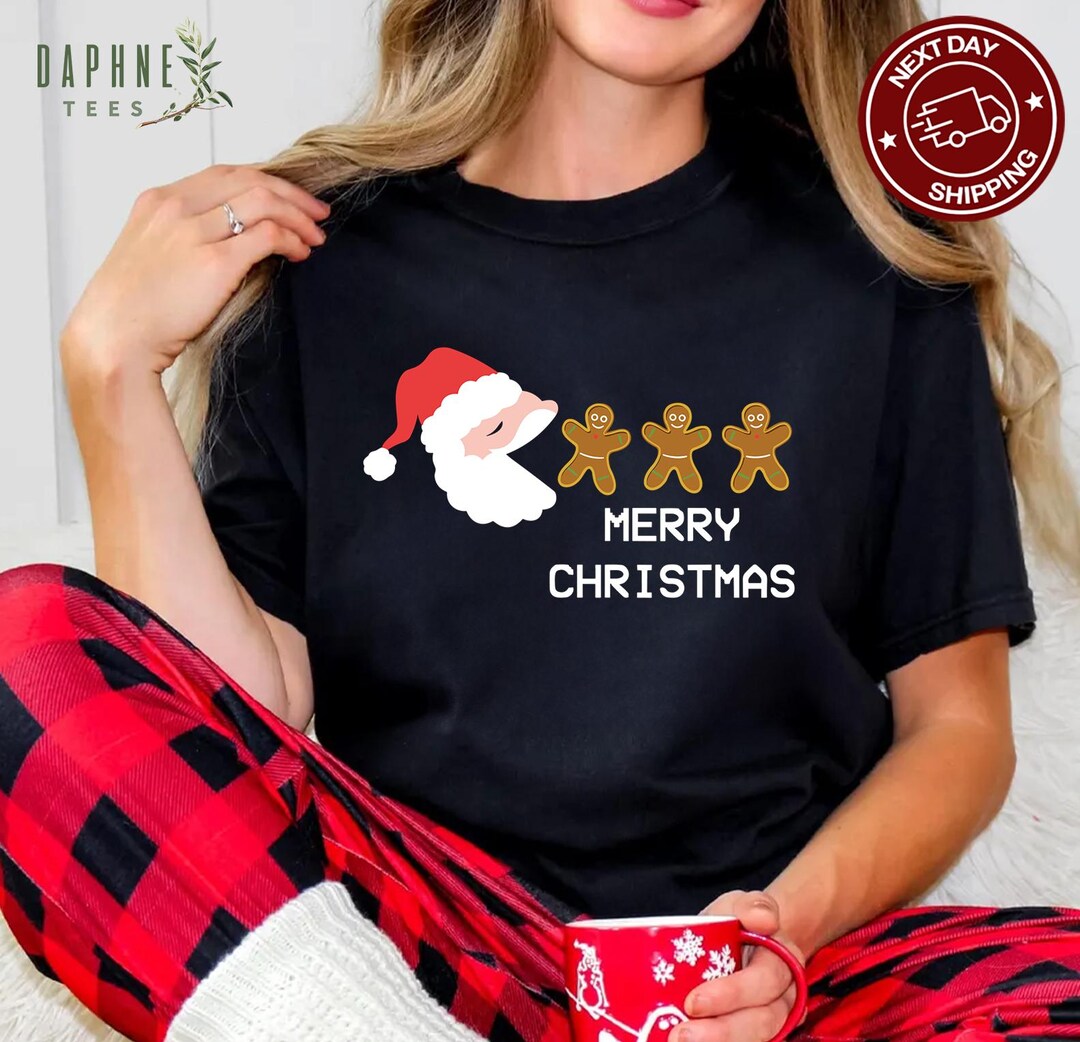 Comfort Colors Pacman Santa Shirt, Gingerbread Cookies Shirt, Santa ...