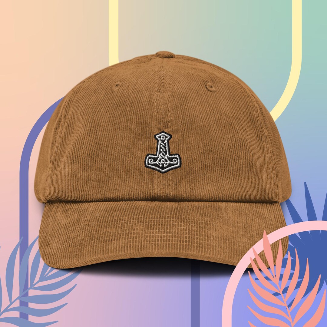 Thor's Mjolnir Hammer Corduroy Hat, Handmade Embroidered Corduroy Dad ...