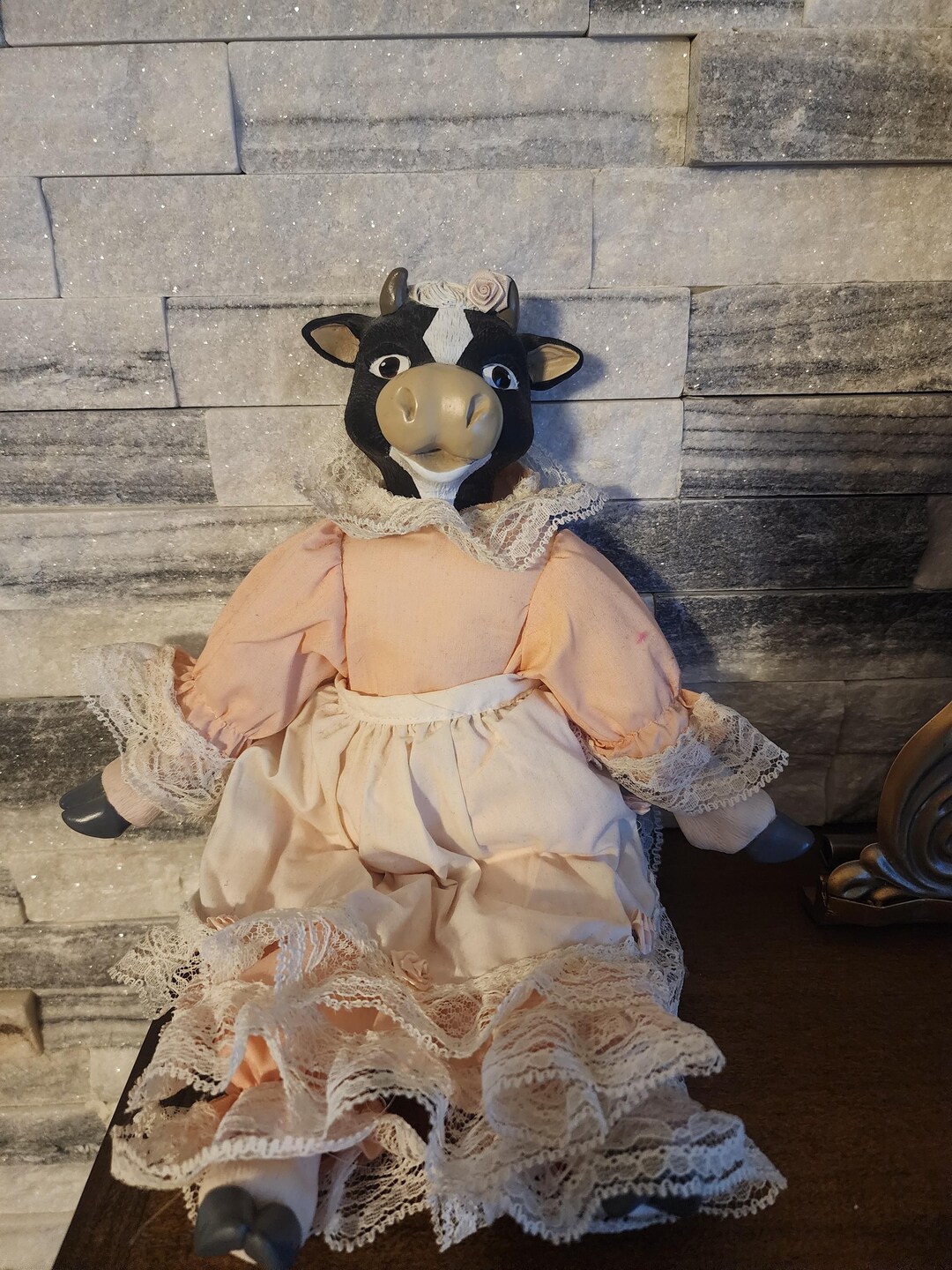 Vintage Cow Doll in a Pink Dress and White Apron - Etsy