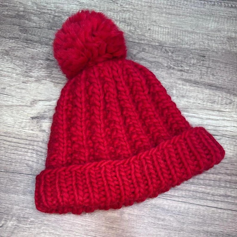 Super Chunky Hand Knit Red Beanie With Optional Pom, Thick Pom-pom Hat, Watch Cap, Custom Size ...