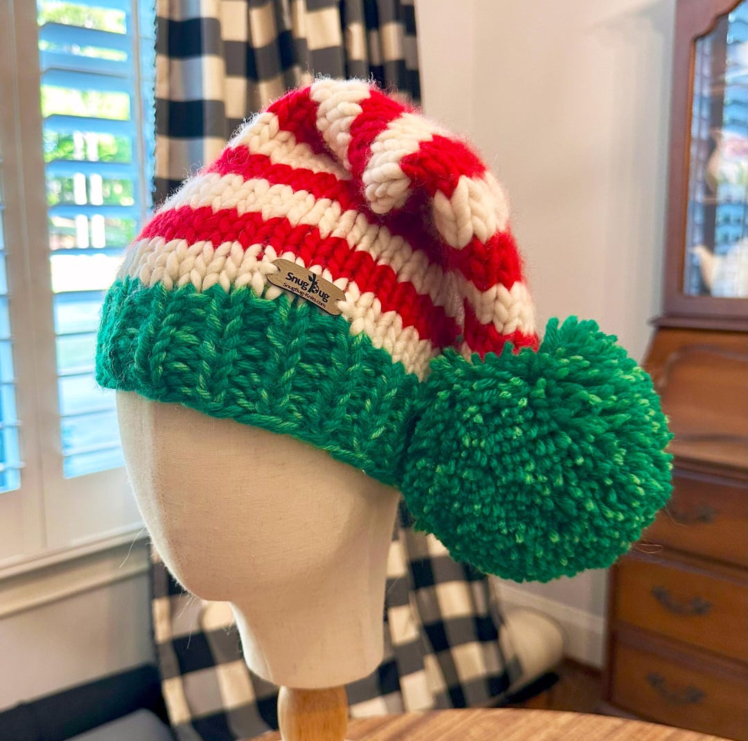 Chunky Knit Elf Hat: Red & White Stripes, Jumbo Pom - Merino Wool - Etsy