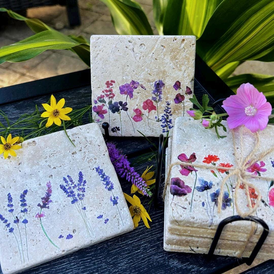 Botanical Stone Coasters – Unique Coaster Set on Travertine, Rustic ...