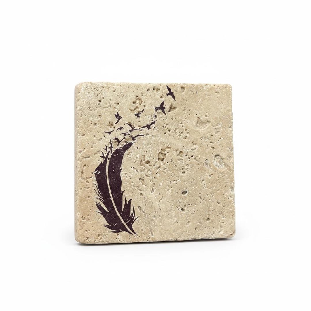 Boho Feather Travertine Coasters – Handmade Stone Coaster Set of Four ...