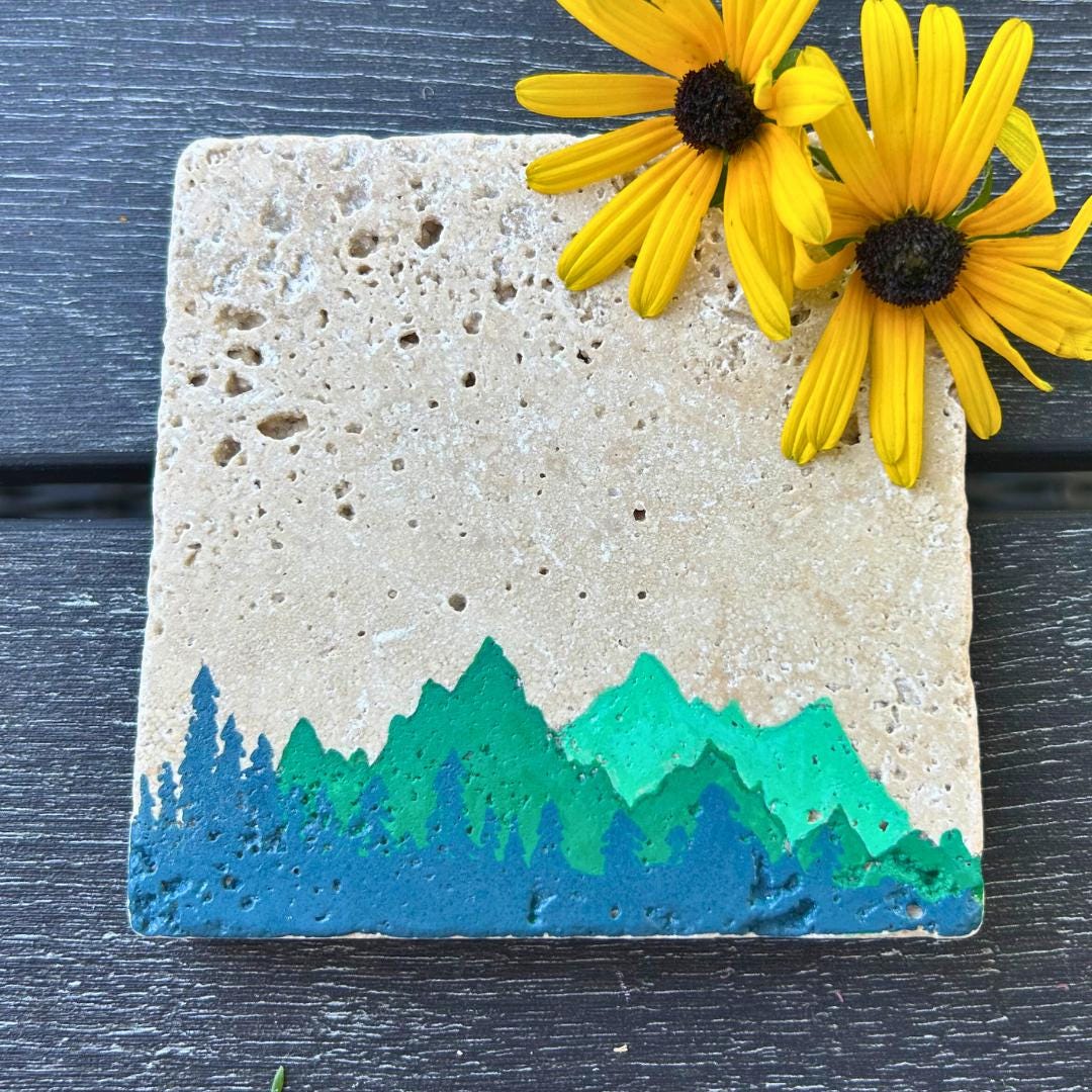 Hand-painted Mountain Scene Stone Coasters: Rustic Cabin Decor (set of ...