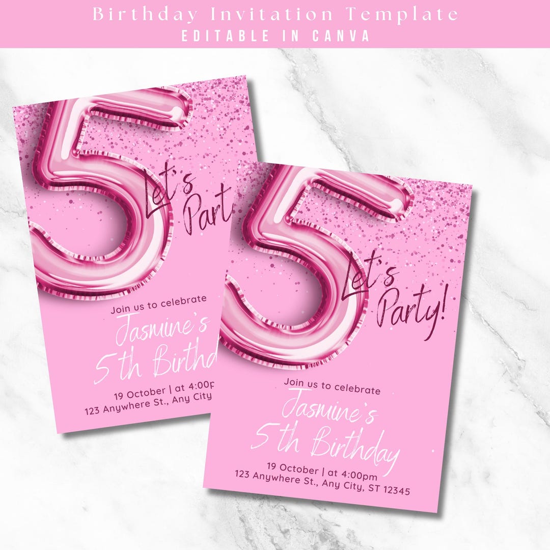 Editable Pink 5th Birthday Invitation Template, Birthday Party Invite ...