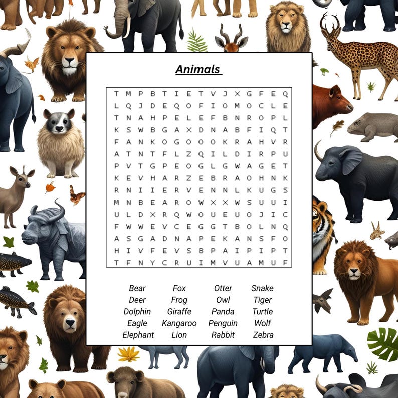 Animal Word Search Puzzle: Printable Brain Game for All Ages (PDF ...