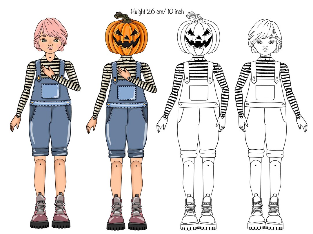 Articulated Paper Doll Halloween in Colour and Black and White, Paper ...
