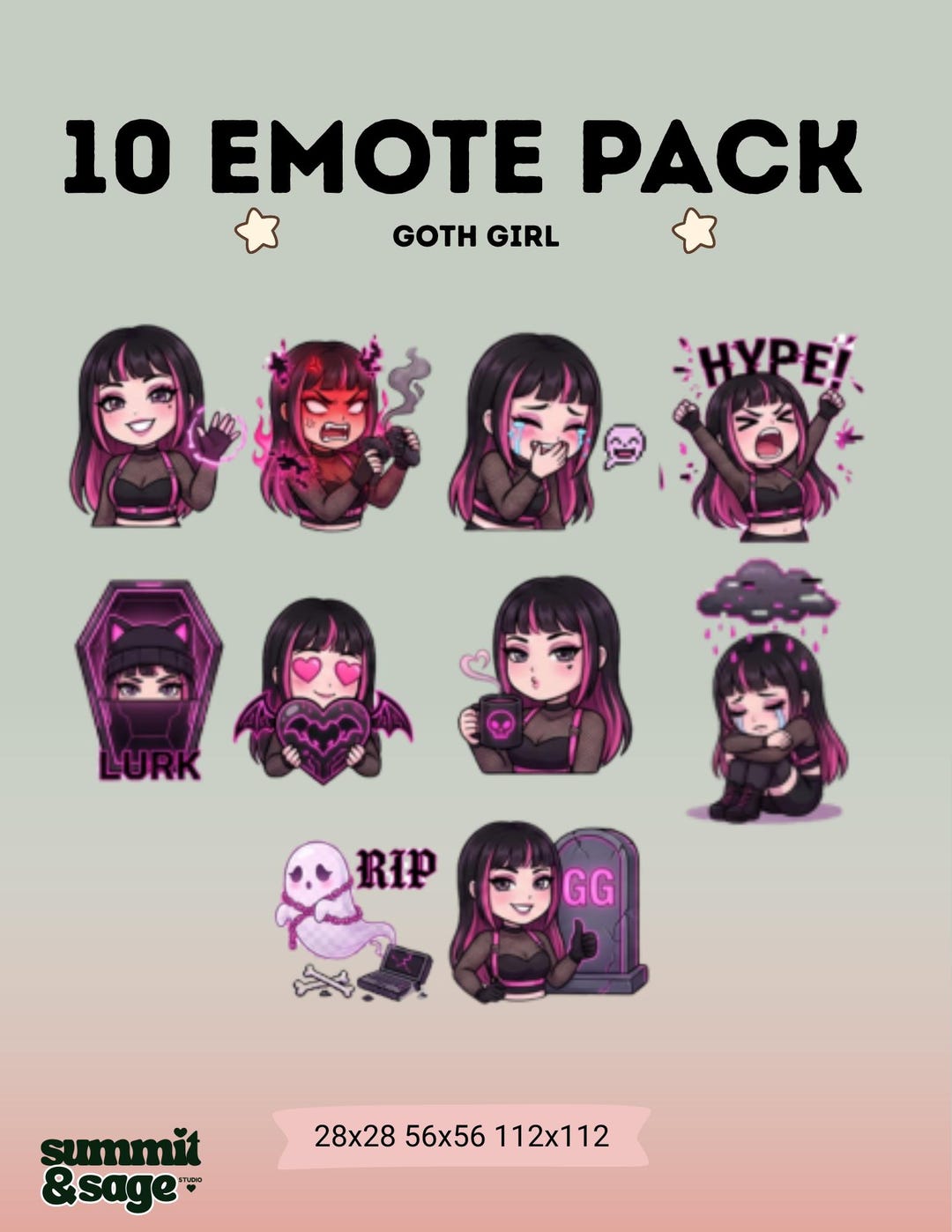 Goth Girl Emotes Pack | Twitch and Discord Streamer Emotes (instant ...