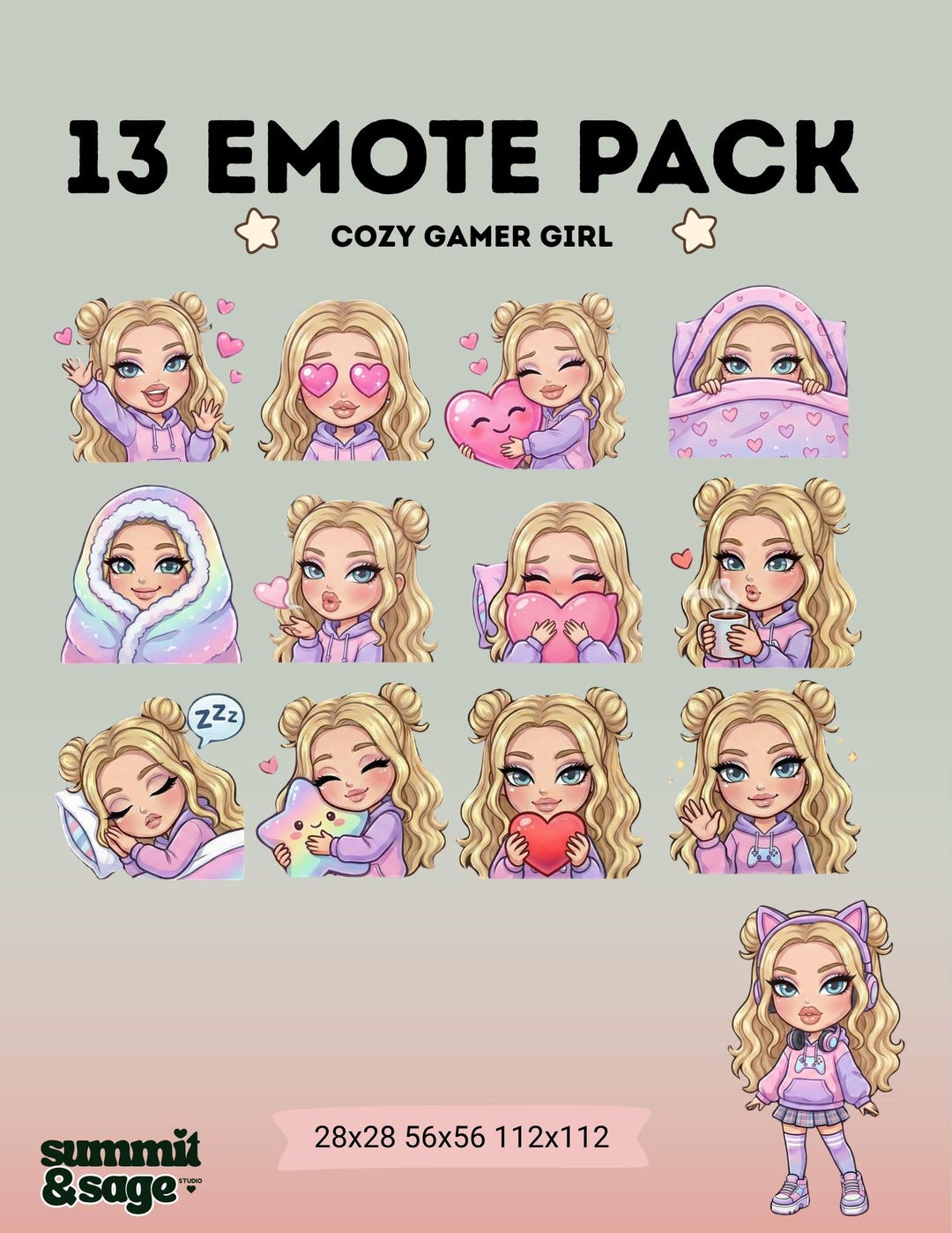 Cozy Blonde Gamer Girl Emotes Pack | Twitch and Discord Streamer Emotes ...