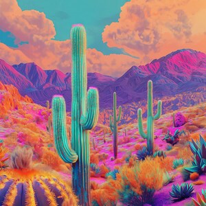 Neon Mirage - Surreal Printable Art, Neon, Cacti, Vaporwave, Wall Decor ...