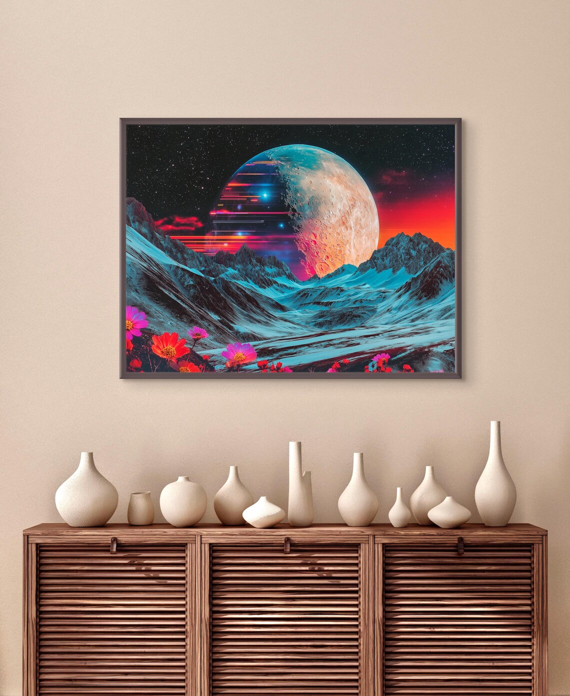 Moon Blooms - Surreal Printable Art, Cosmic, Glitch, Floral, Moon Art ...