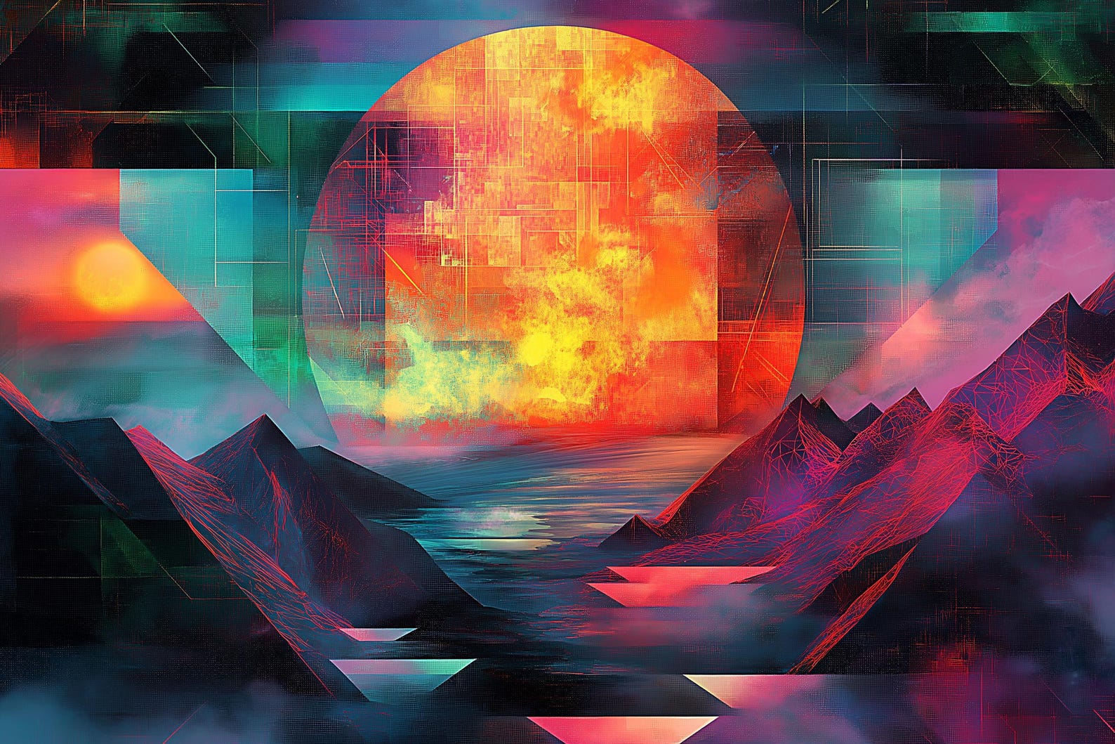 Mosaic Horizons - Surreal Printable Art, Dreamlike, Abstract, Sunset ...