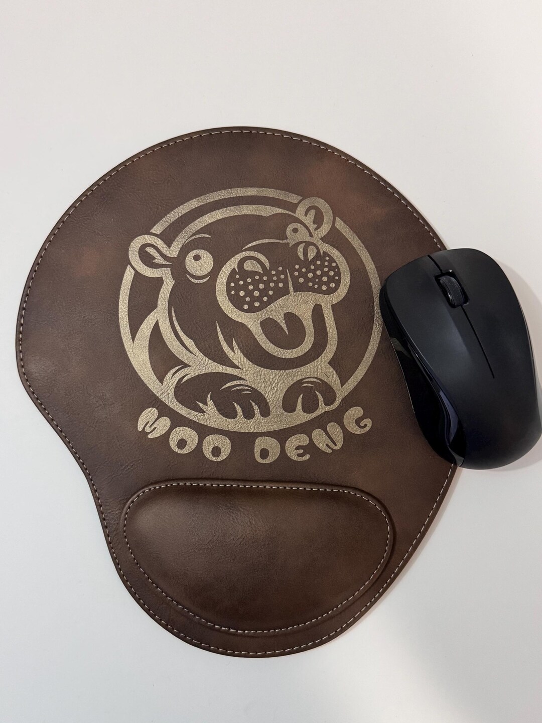 Golden Moo Deng Laser Engraved Tan Leather Mouse Pad | Hippo Lover ...