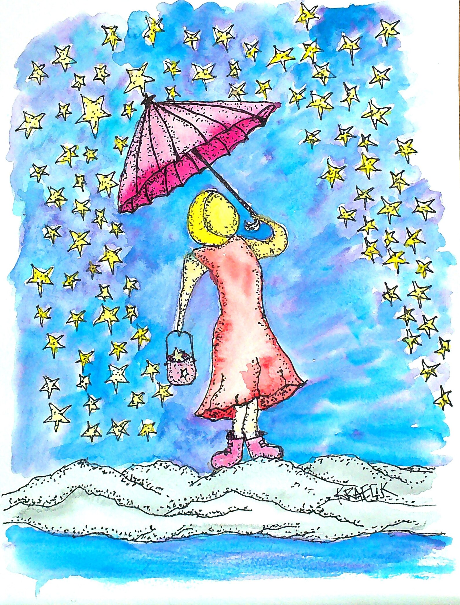 Meteor Shower a Moon, Star Fantasy Ink and Watercolor Dreamlike ...