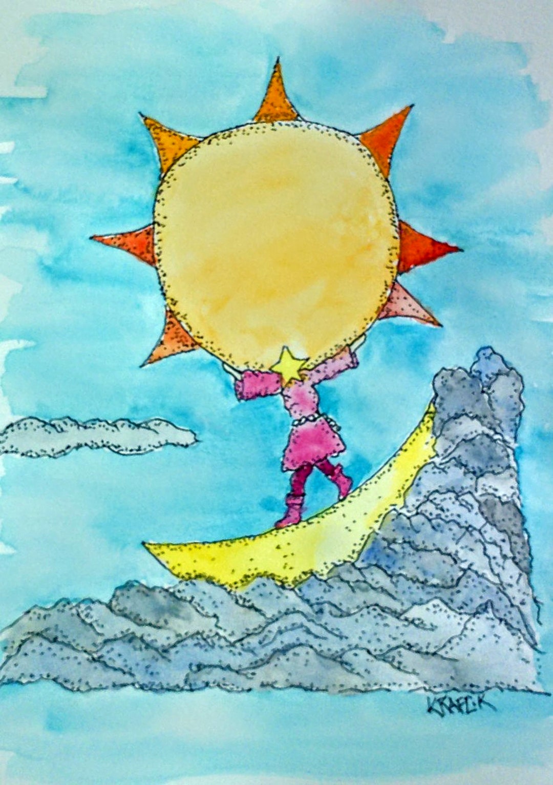 Surfing on the Moon a Celestial Fantasy Ink and Watercolor Featuring ...