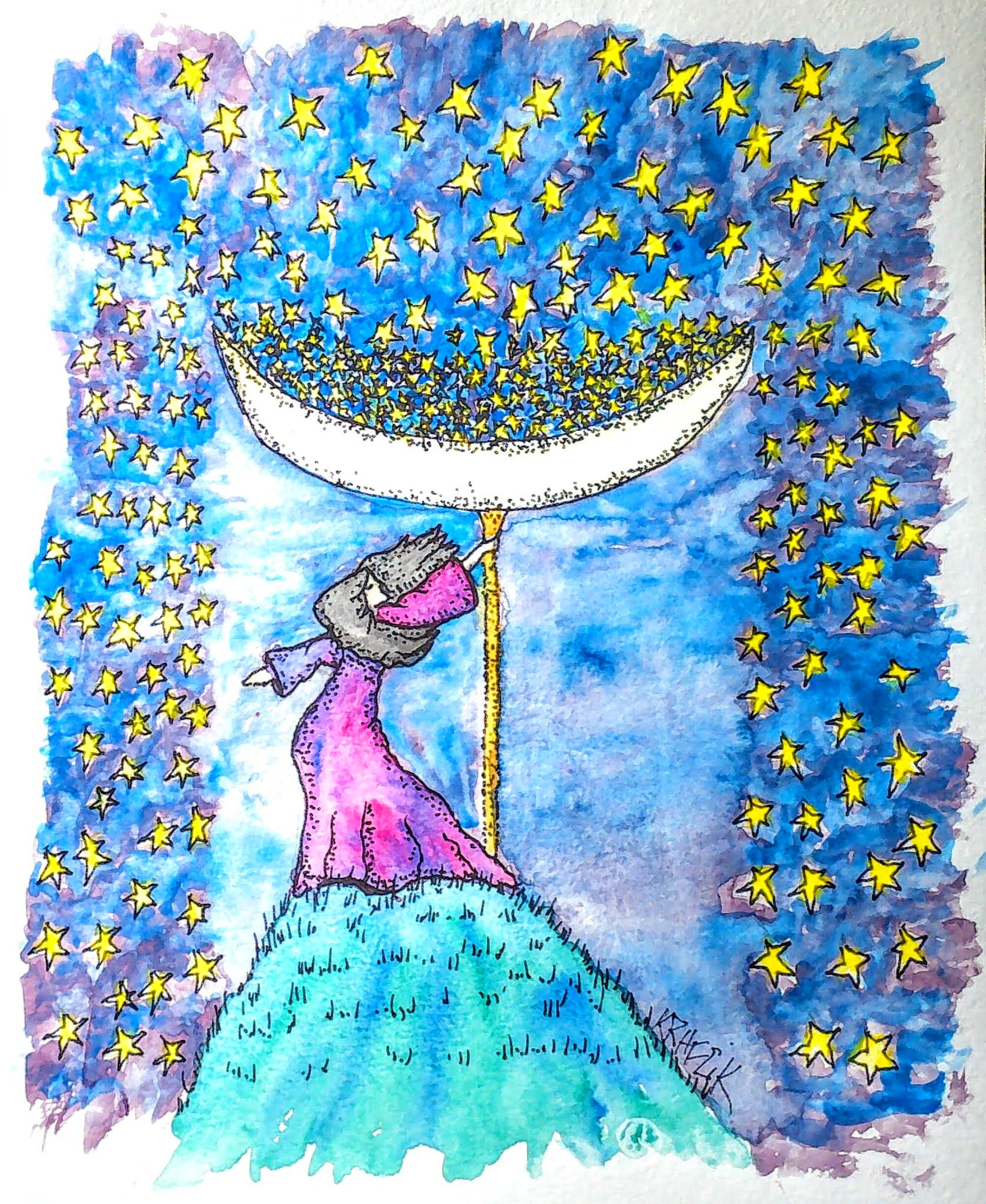 Catching Falling Stars a Watercolor Painting in a Celestial Fantasy ...
