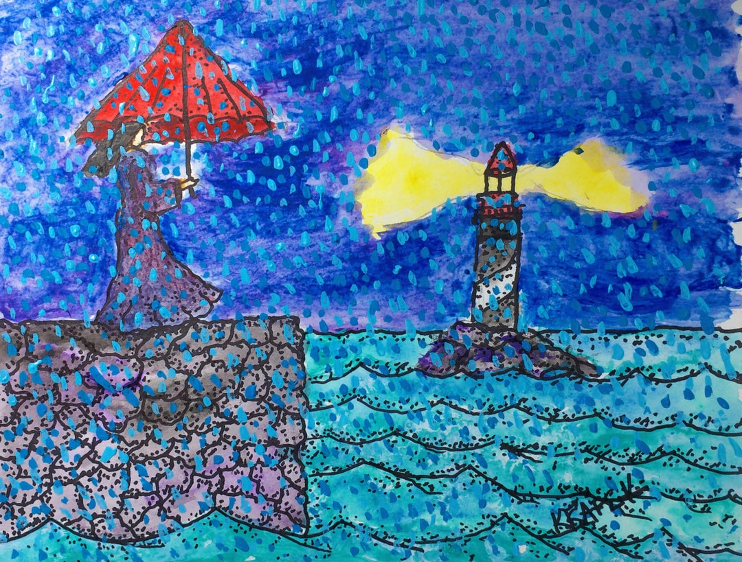 The Red Umbrella ; Original Watercolor Painting Art Fantasy Landscape ...