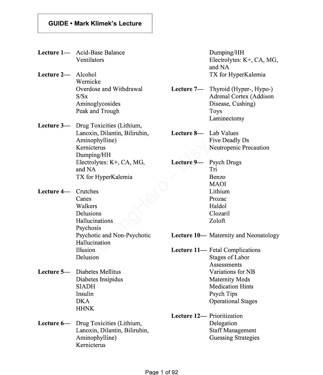 Mark Klimek Notes for Lectures 1-12 - Etsy