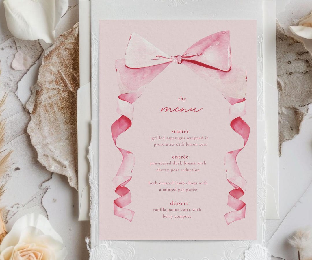Pink Ribbon Bow Menu Template, Hand Drawn, Wedding/bridal Shower Menu ...