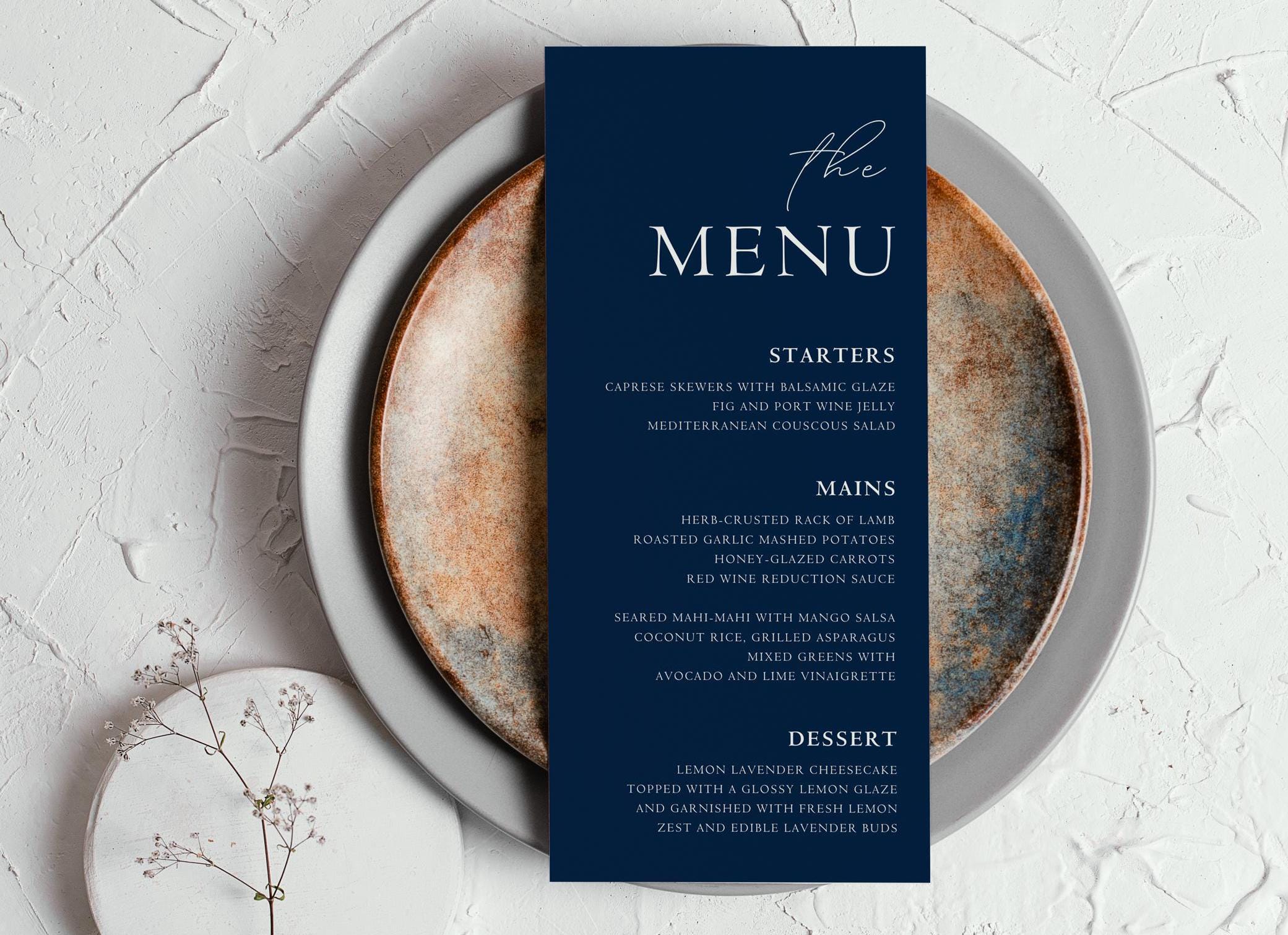 Navy Blue Wedding Dinner Menu Cards Editable Template, Boho Blue Drinks ...
