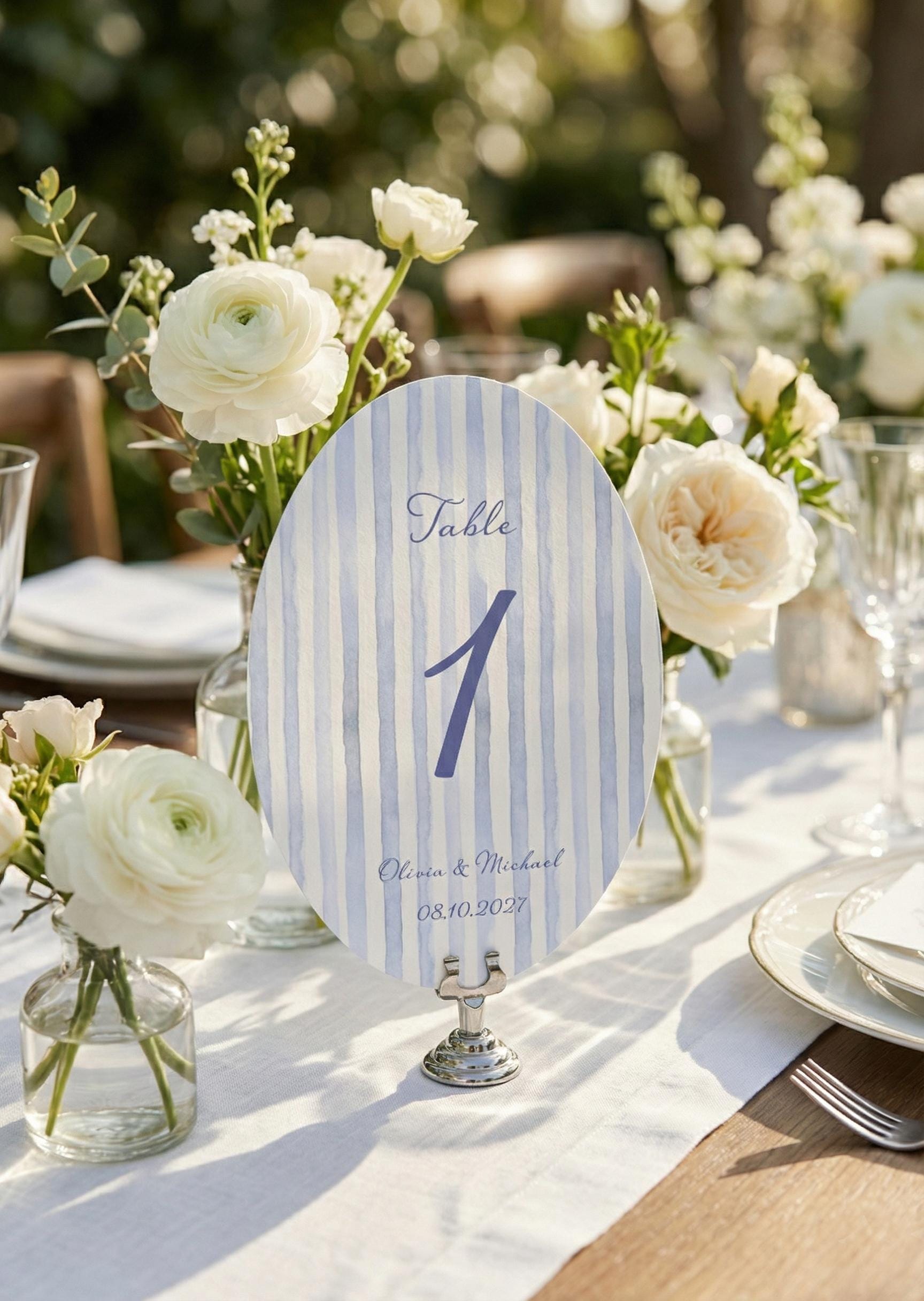 Blue Striped Oval Table Number Template Wedding Table Sign Editable ...