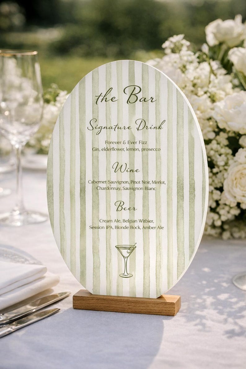 Green Striped Oval Bar Menu Sign Template, Wedding Bar Sign, Signature ...