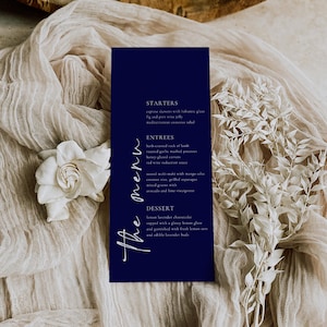 Navy Blue Wedding Dinner Menu Cards Editable Template, Boho Blue Drinks ...